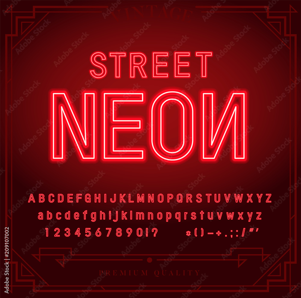 Bright Neon Alphabet Letters, Numbers and Symbols Sign in Vector. Night ...