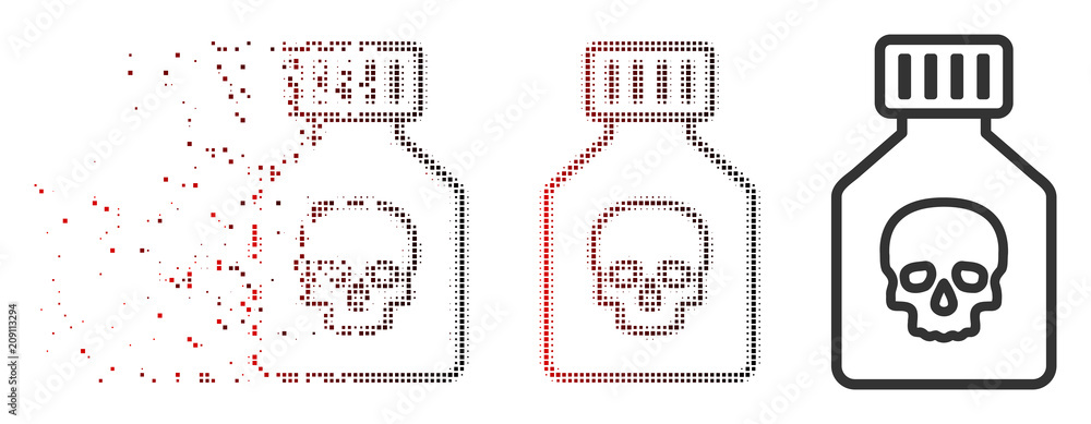 Vector poison phial icon in dissolved, pixelated halftone and undamaged ...