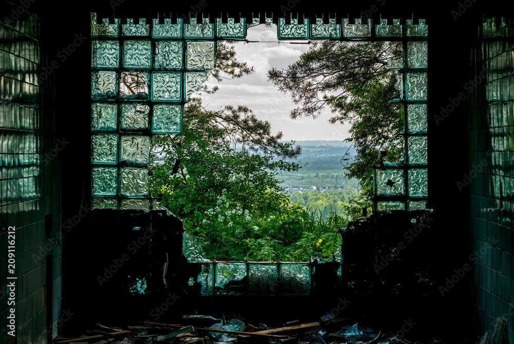 Beautiful scenery. View of the village, hills, tree branches through ...