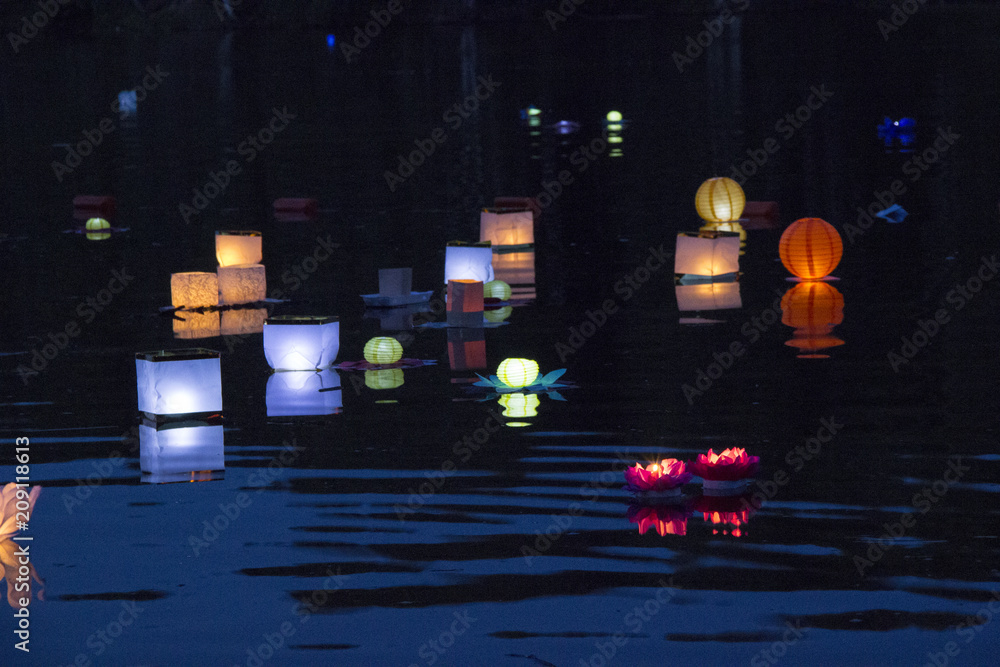 beautiful water lanterns of different colors Stock Photo | Adobe Stock