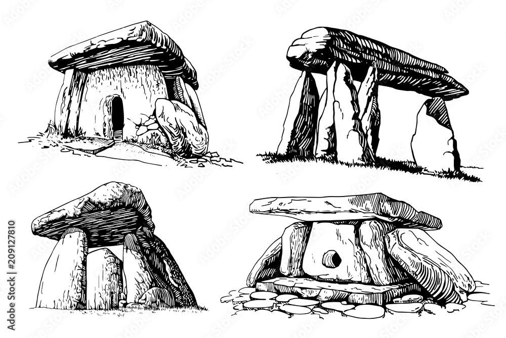 Graphical set of dolmens isolated on white background, vector sketchy ...