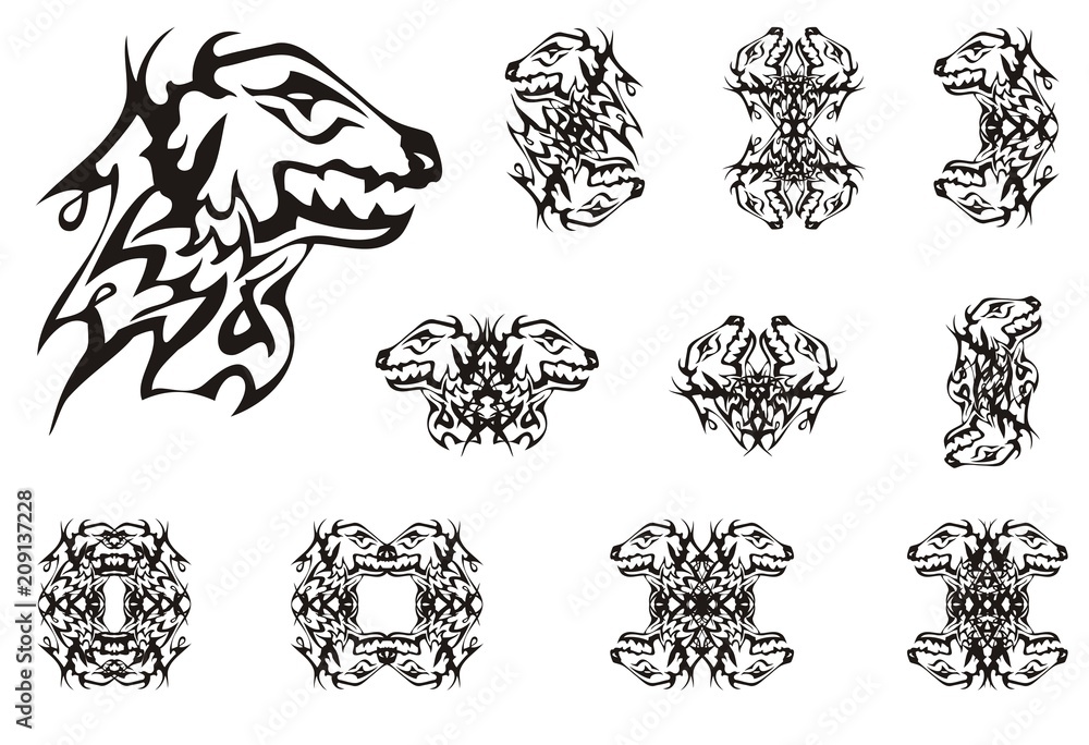 Abstract young dragon head symbols. Tribal double symbols of the dragon ...