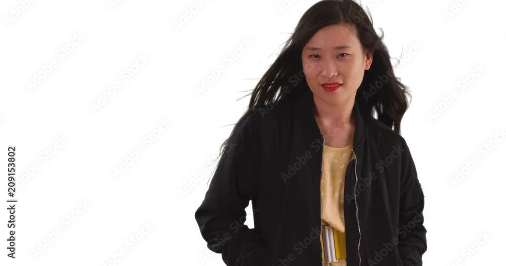 Cool hip millennial woman wearing black jacket isolated on white ...