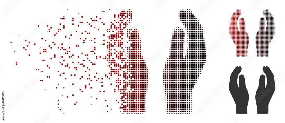 Vector care hands icon in dispersed, pixelated halftone and undamaged ...