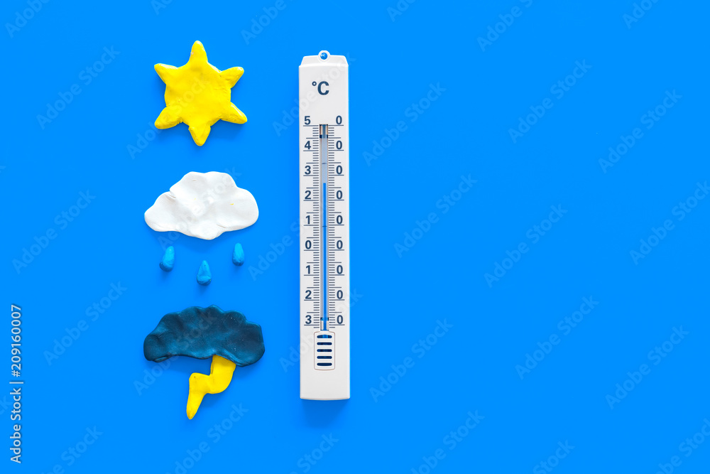 Weather forecast concept. Air temperature. Termometer among cloud and ...