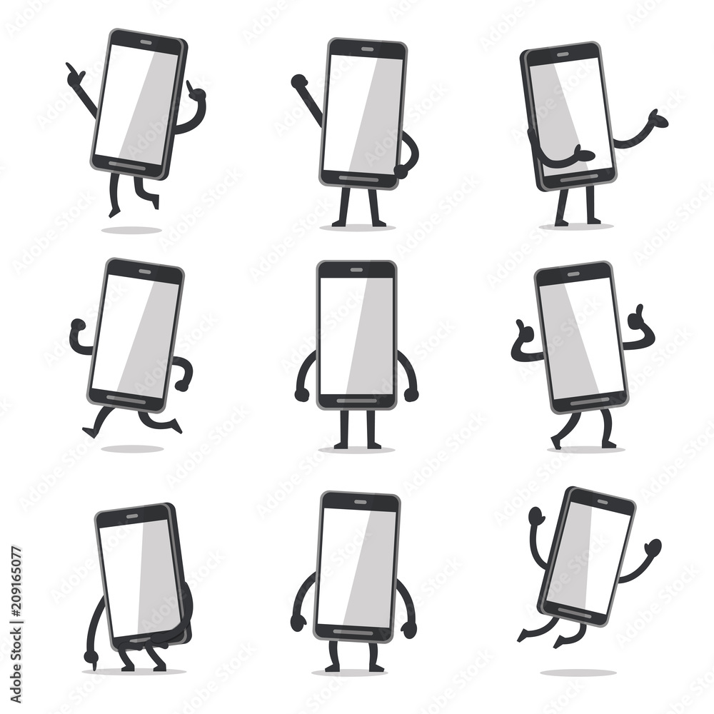 Cartoon smartphone character poses with empty screen for design. Stock ...