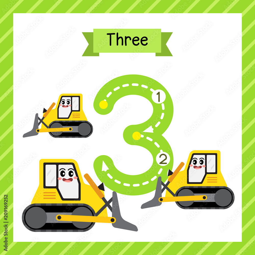 Cute children Flashcard number three tracing with 3 Bulldozers for kids ...