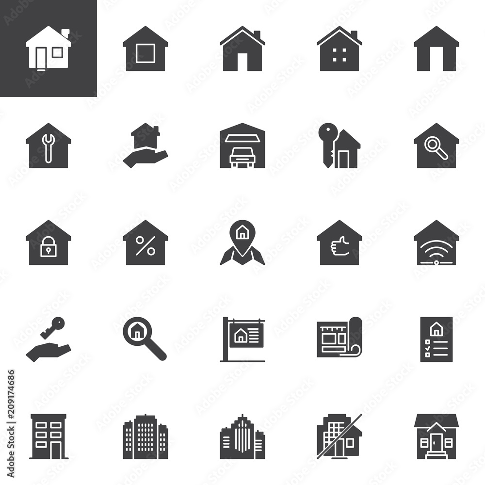 Real estate vector icons set, modern solid symbol collection, filled ...