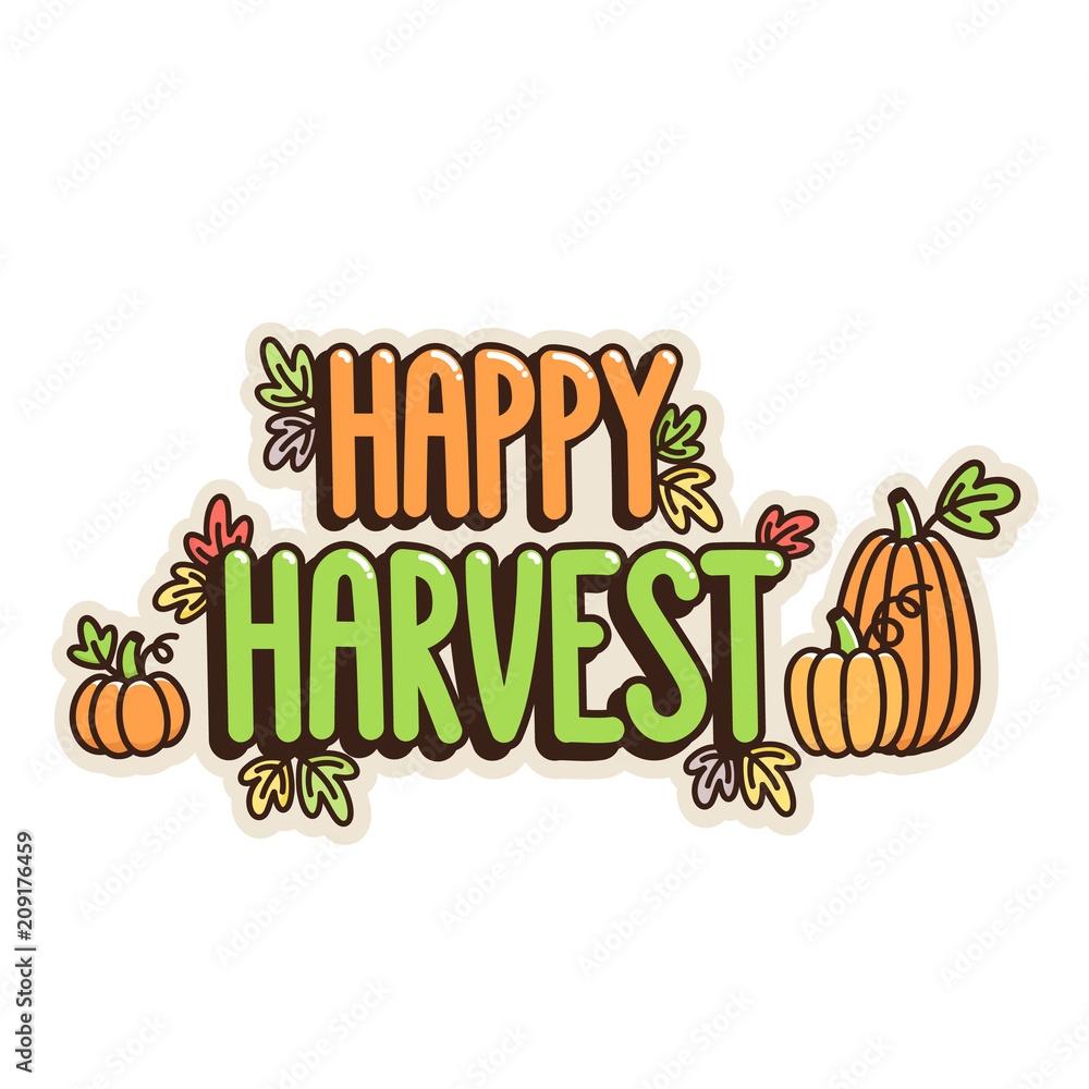 Inscription " Happy Harvest", with pumpkins and autumn leaves, on a ...