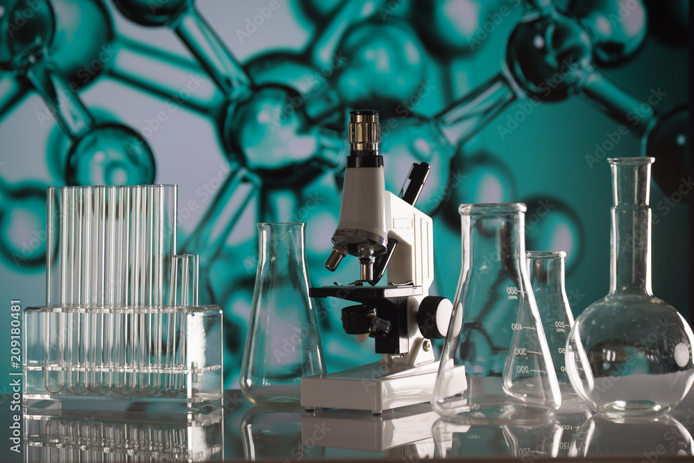 Science laboratory research and development concept. microscope with ...