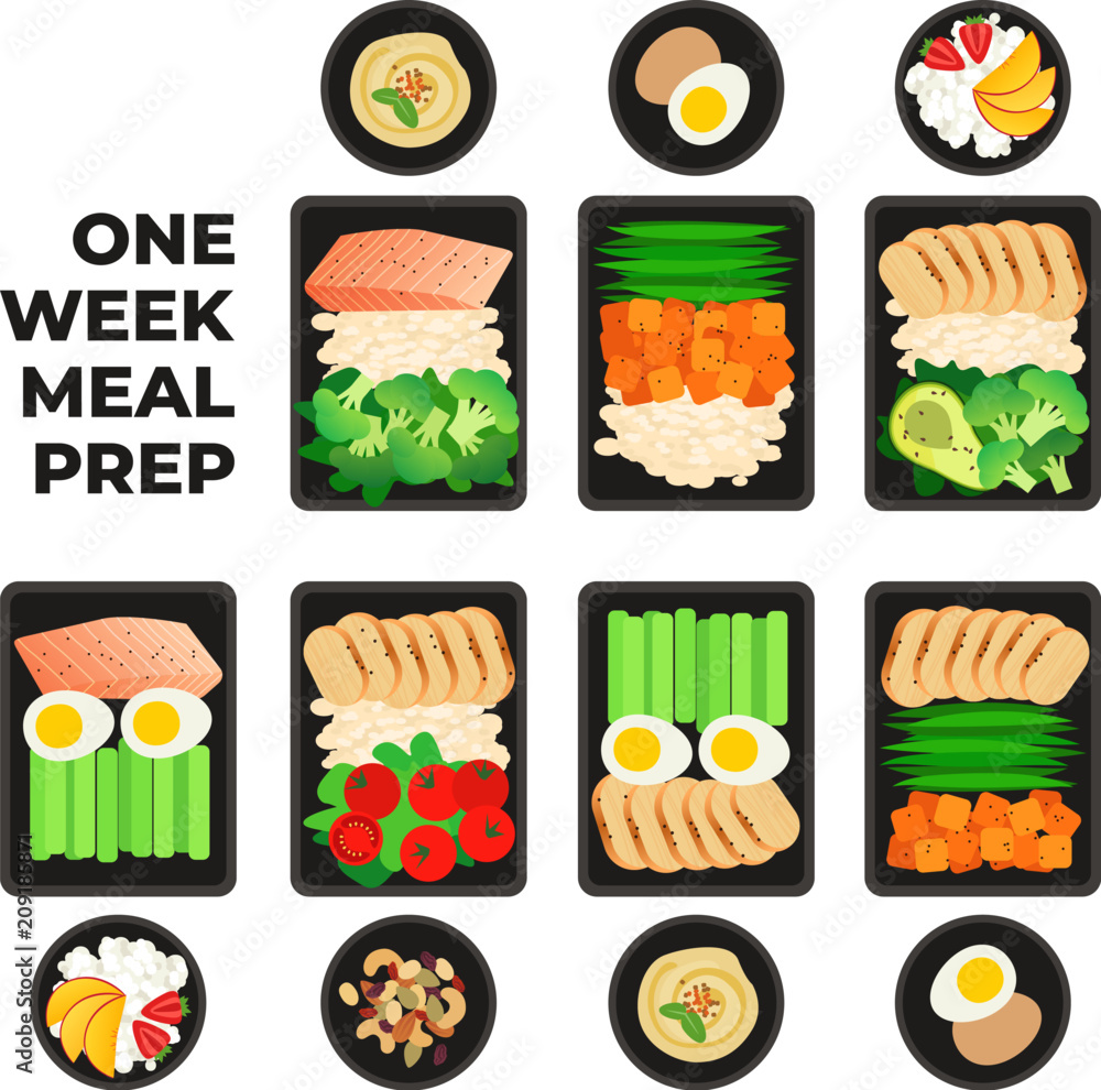 Vector illustration of meal preparation. Portion of food in container ...