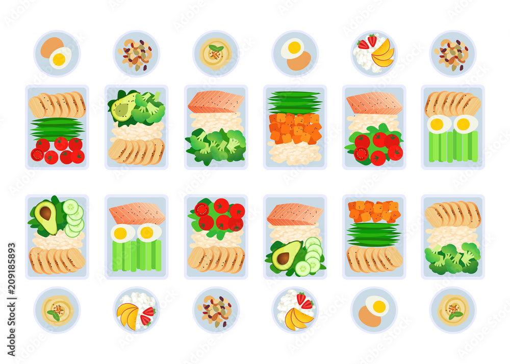 Vector illustration of meal preparation. Portion of food in container ...