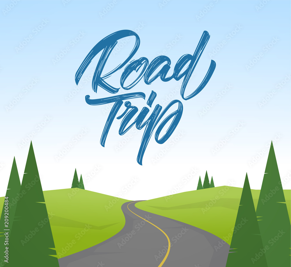 Vector cartoon flat landscape with handwritten type lettering of Road ...