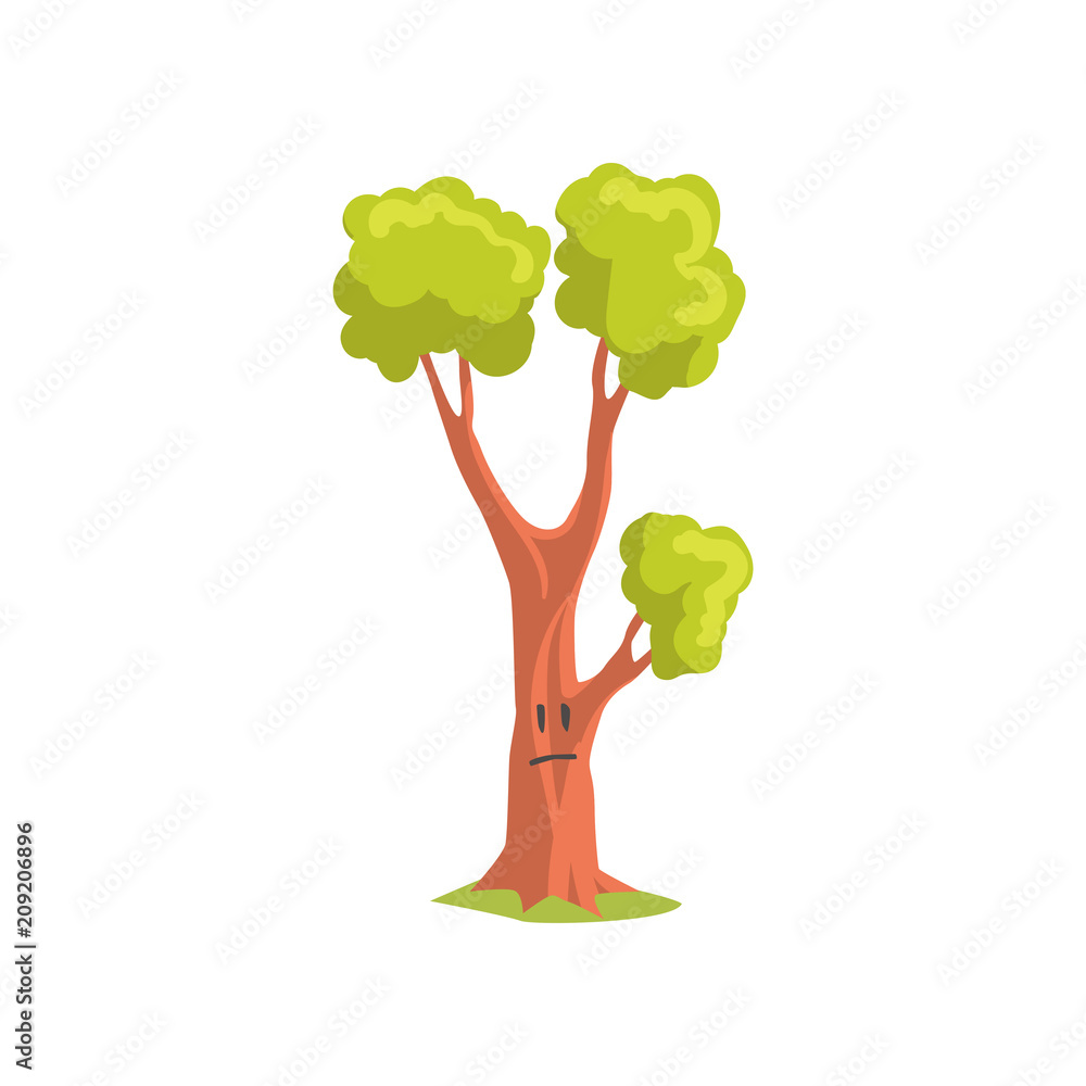 Cartoon character of forest tree with sad face expression. Park plant ...