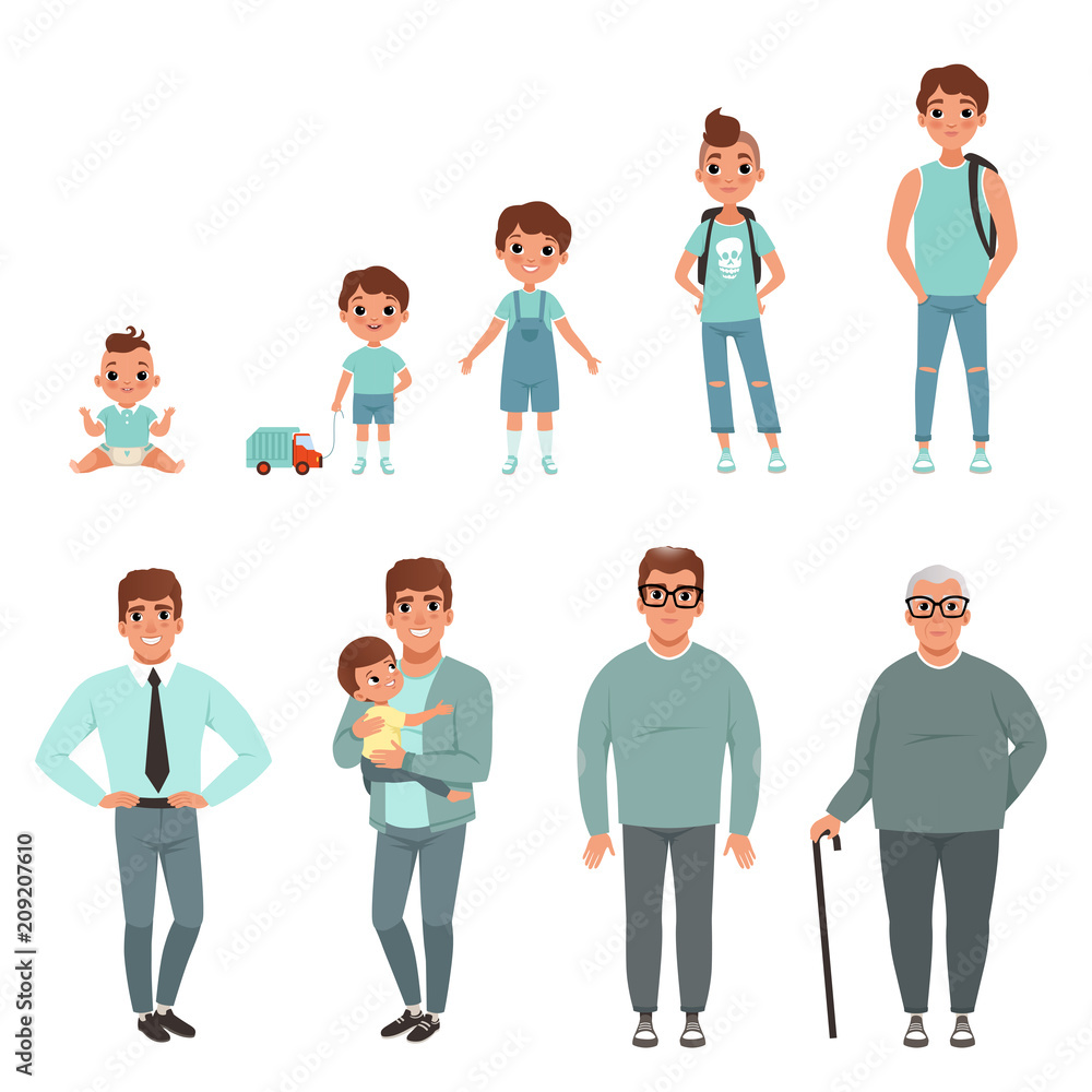 Life cycles of man, stages of growing up from baby to man vector ...
