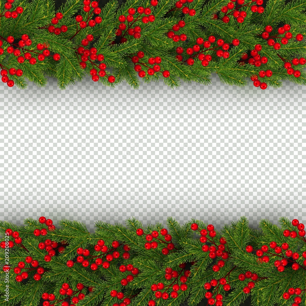 Christmas banner template with horizontal border of realistic branches ...