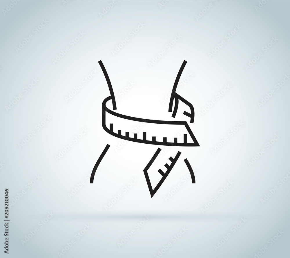 Waist flat icons. Slim fitness woman body with measuring tape. Weight ...