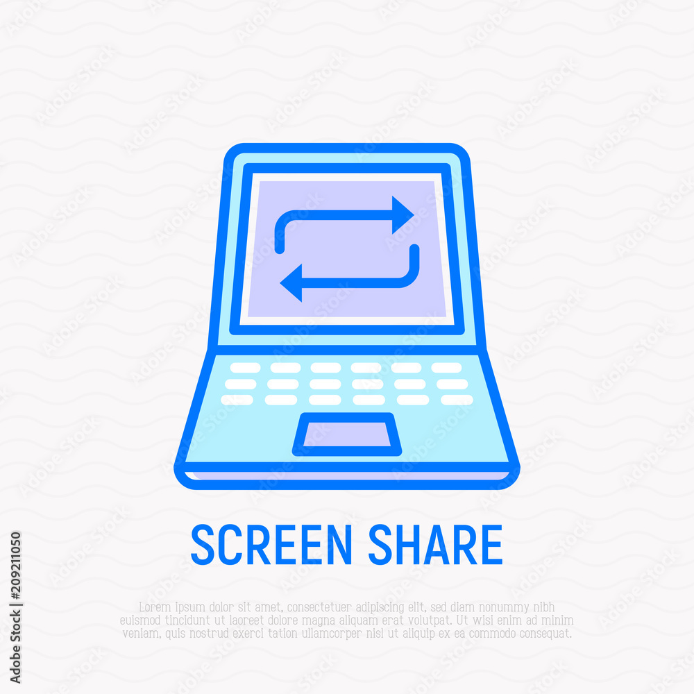 Screen share thin line icon: opened laptop with arrows. Modern vector ...