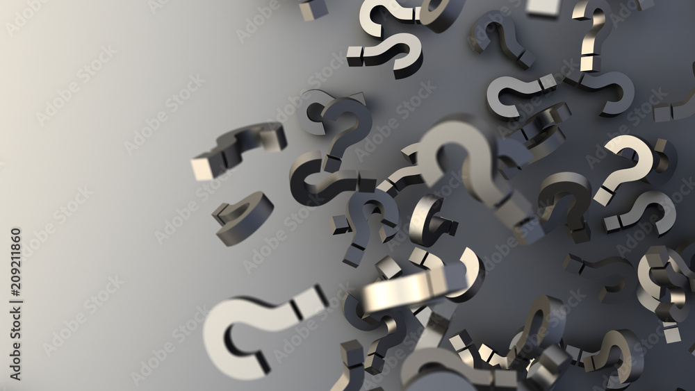 Black question marks background with empty space on left side. 3D ...