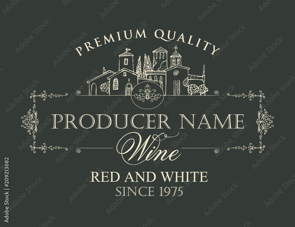 Vector wine label with calligraphic inscription and contour drawing of ...