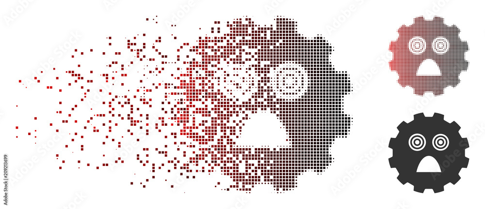 Vector afraid smiley gear icon in dispersed, pixelated halftone and ...