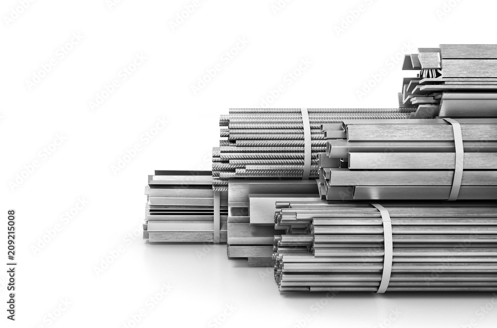 Different metal products. Metal profiles and tubes. 3d illustration ...