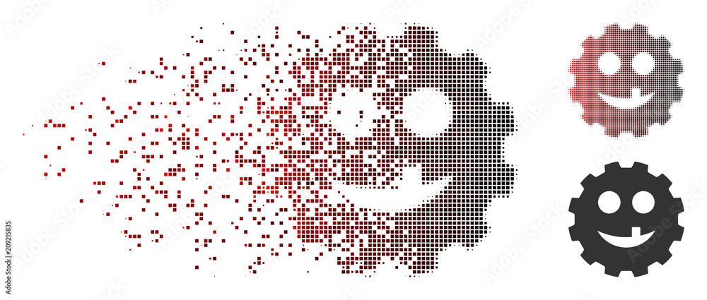 Vector tooth smiley gear icon in dispersed, pixelated halftone and ...