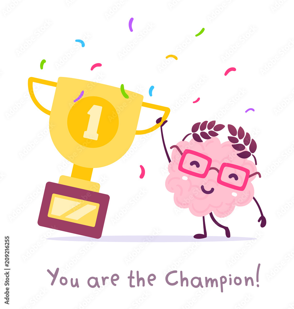 Vector illustration of pink color smile brain with glasses holding ...