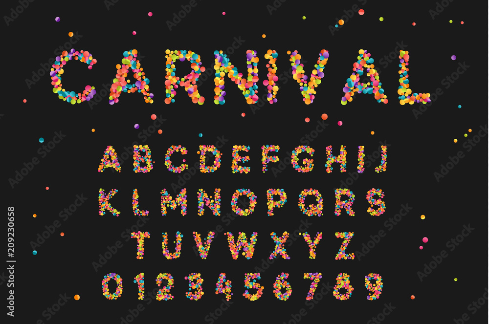 Font alphabet of colored confetti. Festive carnival letters, birthday ...
