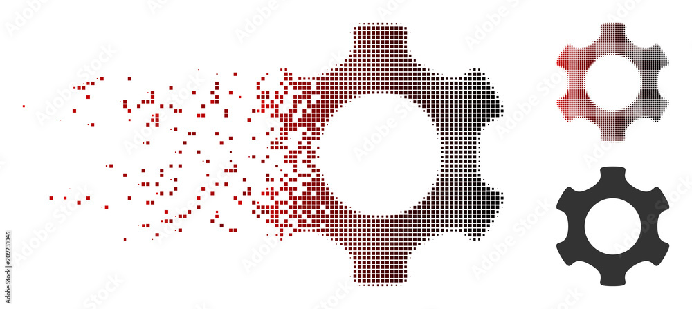 Vector gear icon in dissolved, pixelated halftone and undamaged entire ...
