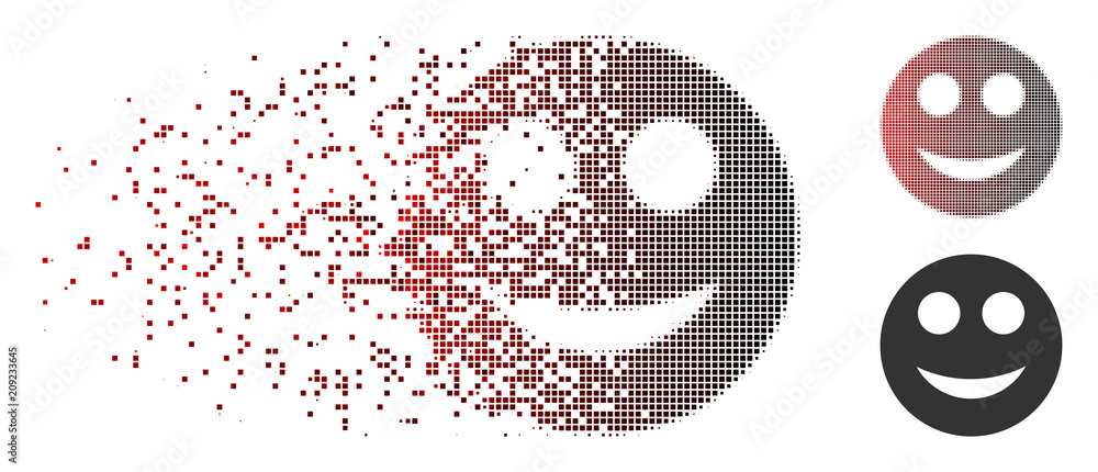 Vector positive smiley icon in dispersed, pixelated halftone and ...