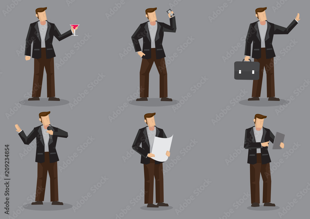 Cartoon Modern Man in Black Jacket Vector Character Set Stock Vector ...