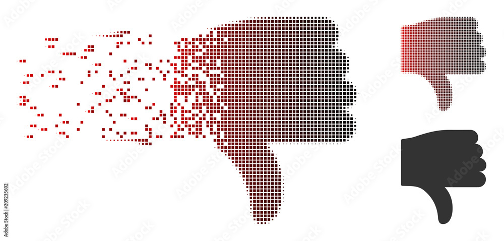 Vector thumb down icon in dissolved, pixelated halftone and undamaged ...