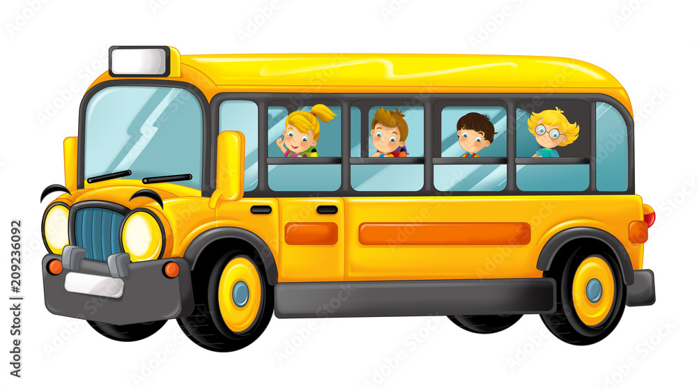 funny looking cartoon yellow school bus with kids - illustration for ...