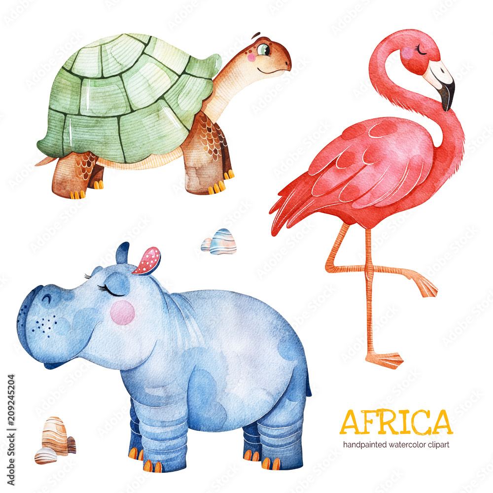 Africa watercolor set.Safari collection with flamingo,hippo,turtle ...