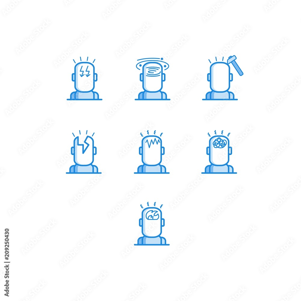 Headache types outline icons set - various symbols of human head with ...
