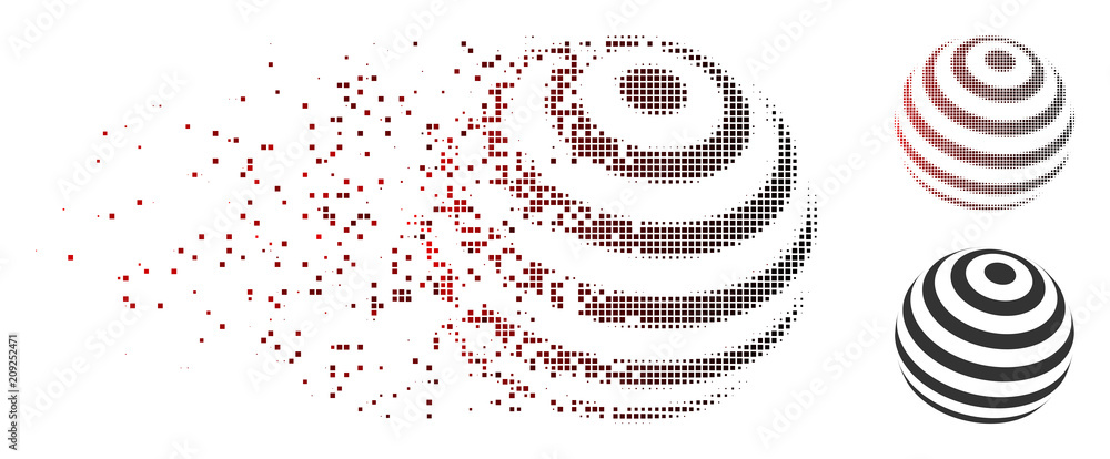 Vector striped abstract sphere icon in dispersed, pixelated halftone ...