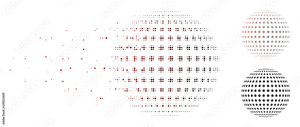Vector abstract dotted sphere icon in fractured, pixelated halftone and ...