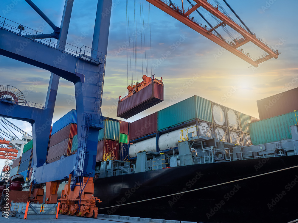 Industrial port crane lift up loading export containers box onboard at ...