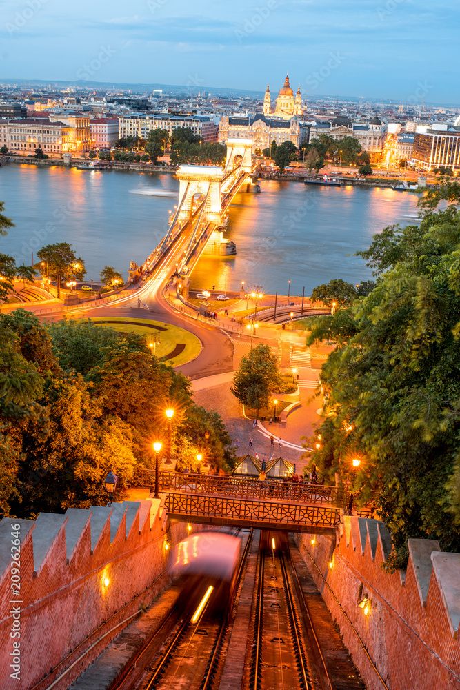 Photo & Art Print Aerial cityscape view with illuminated chain bridge ...