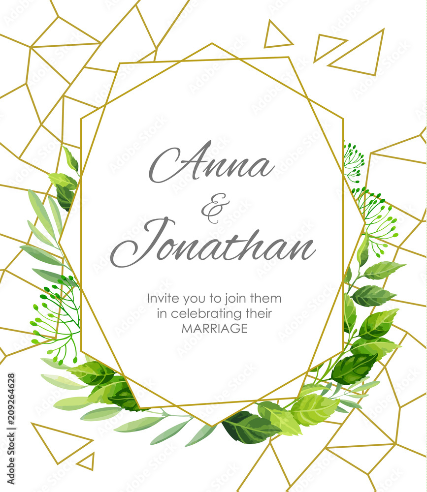 Wedding invitation with green leaves border and geometric pattern ...