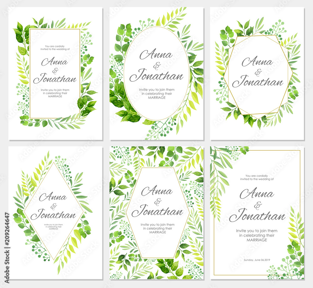 Wedding invitation with green leaves border. Floral invite modern card ...