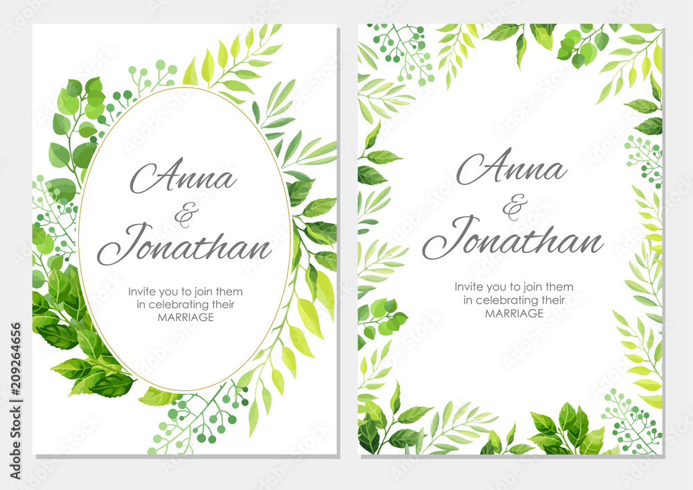 Wedding invitation with green leaves border. Floral invite modern card ...