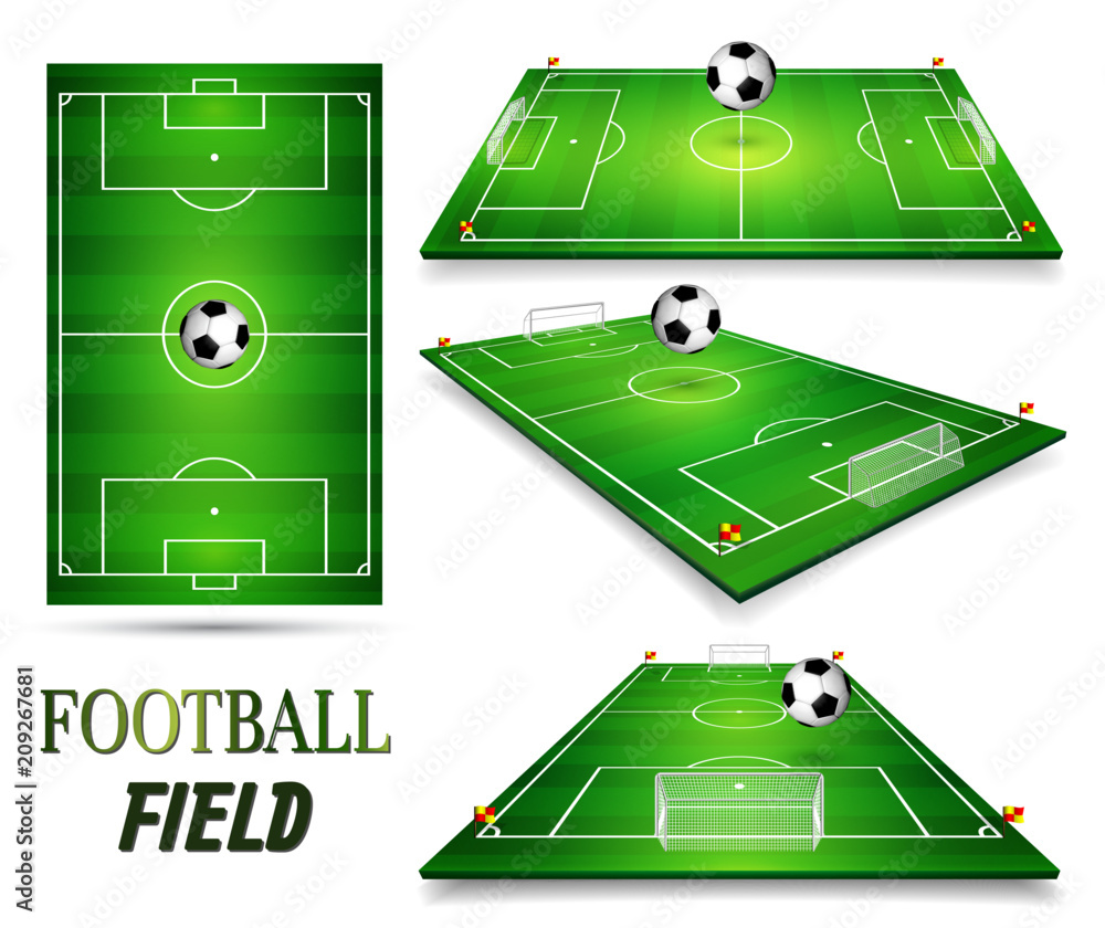 Football field, soccer field set with football ball. Perspective vector ...