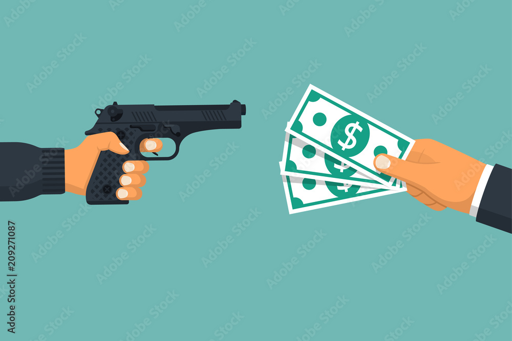 Criminal threatening gun extorts money from the victim. Robbery concept ...