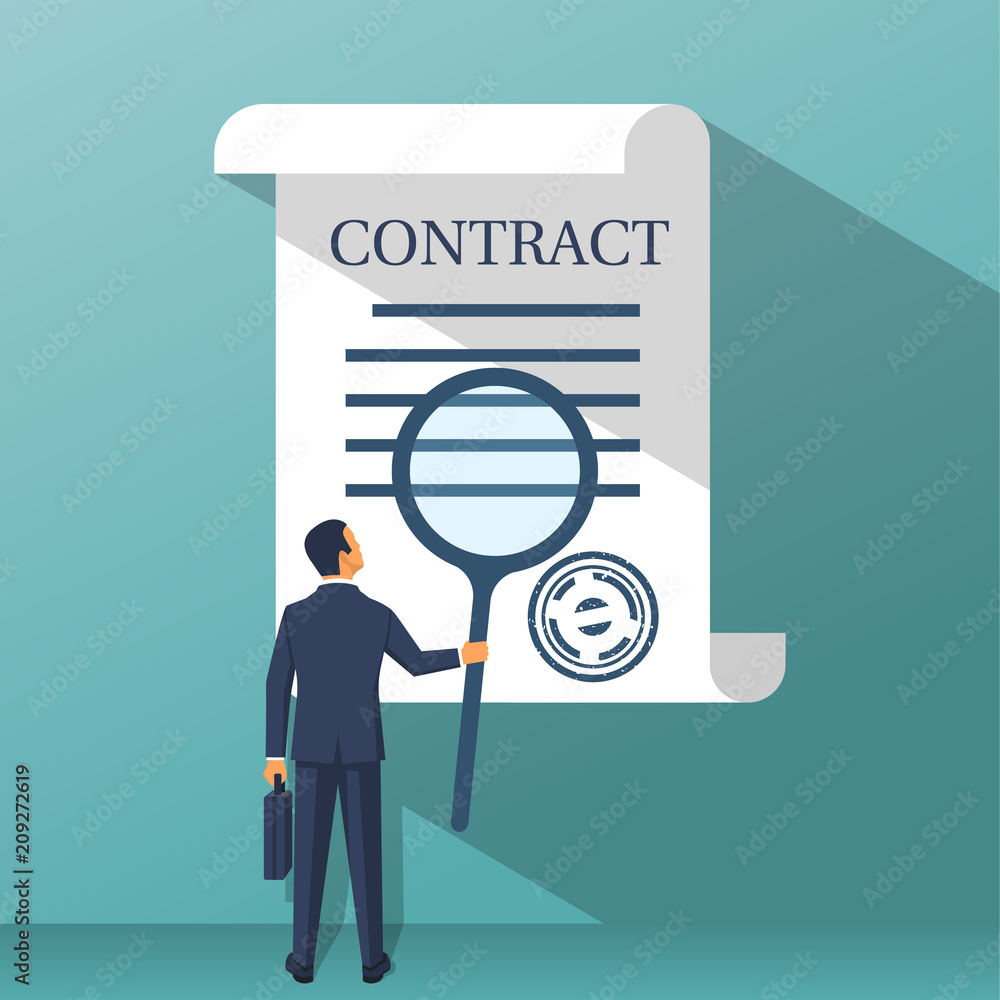Businessman holding magnifying glass, studying terms of agreement ...