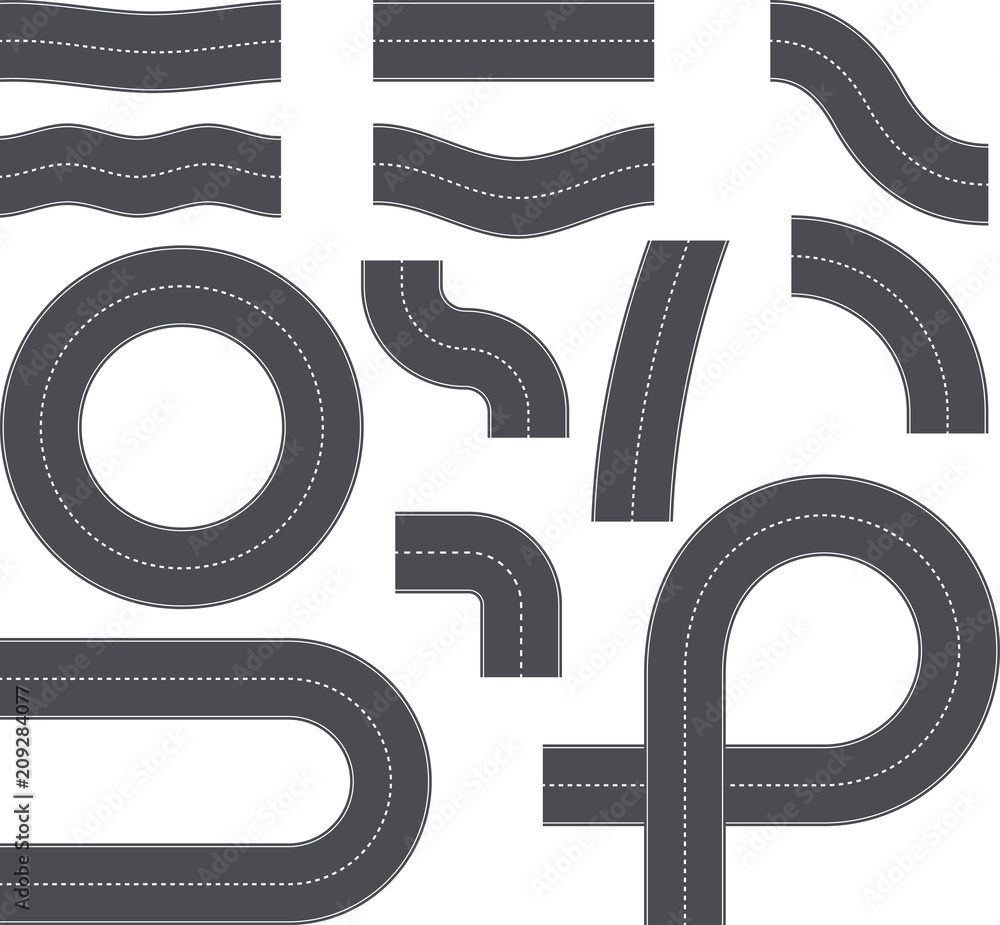 Set of street and road elements with traffic marks for city map or ...