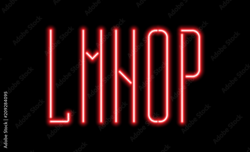 Bright red neon letters on a black background. Letters L, M, N, O, P ...