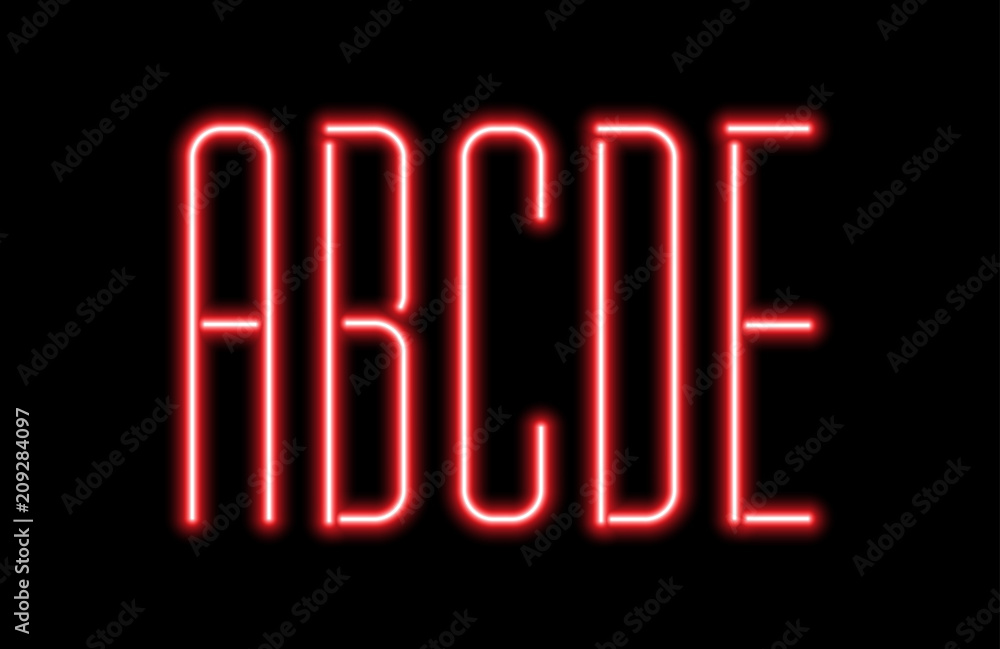 Bright red neon letters on a black background. Letters A, B, C, D, E ...
