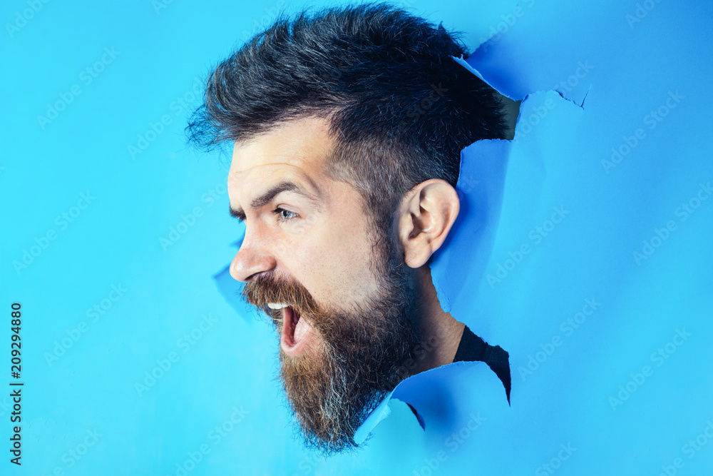 Screaming man looking through hole in blue paper. Bearded man making ...
